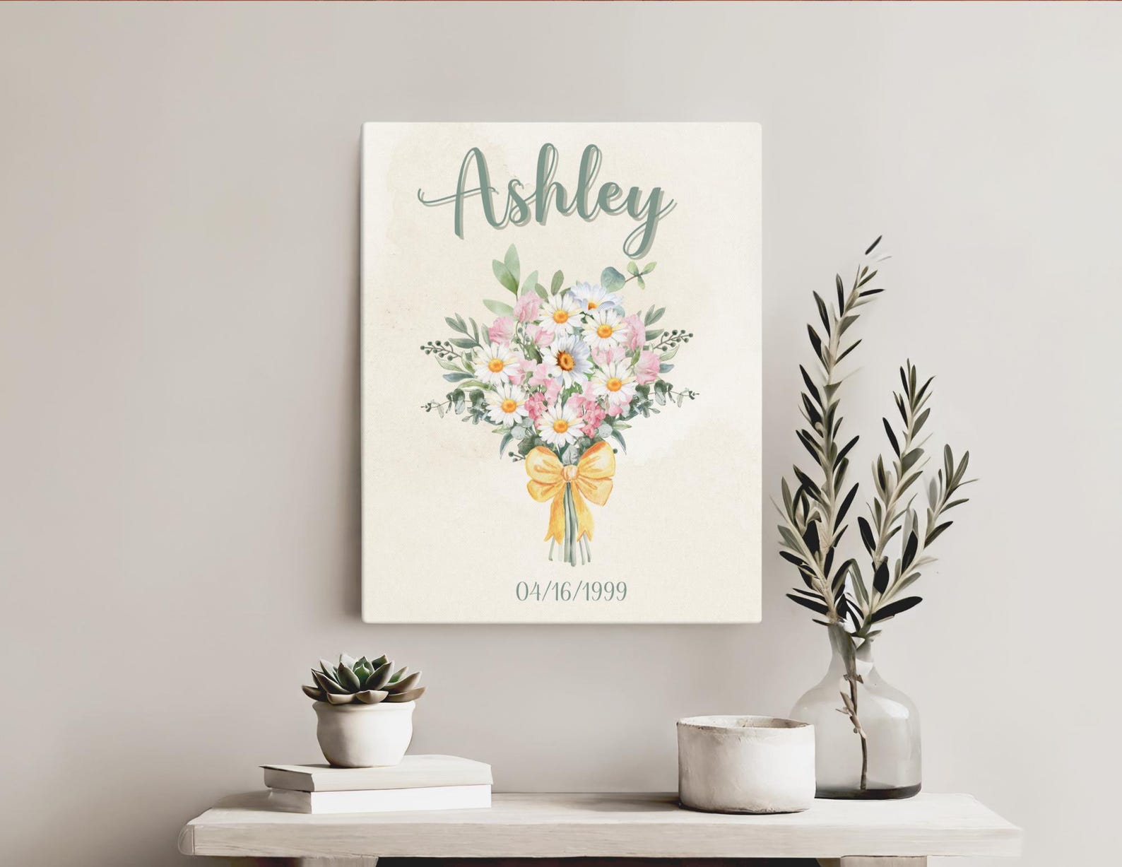Personalized April Birth Month Flower Bouquet Canvas Wall Art With Name ...