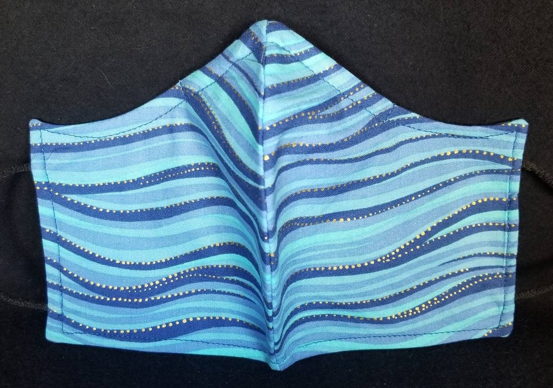 Royal Blue & Aqua Ocean Wavey Stripes Face Mask Unisex W/ Polypropylene ...