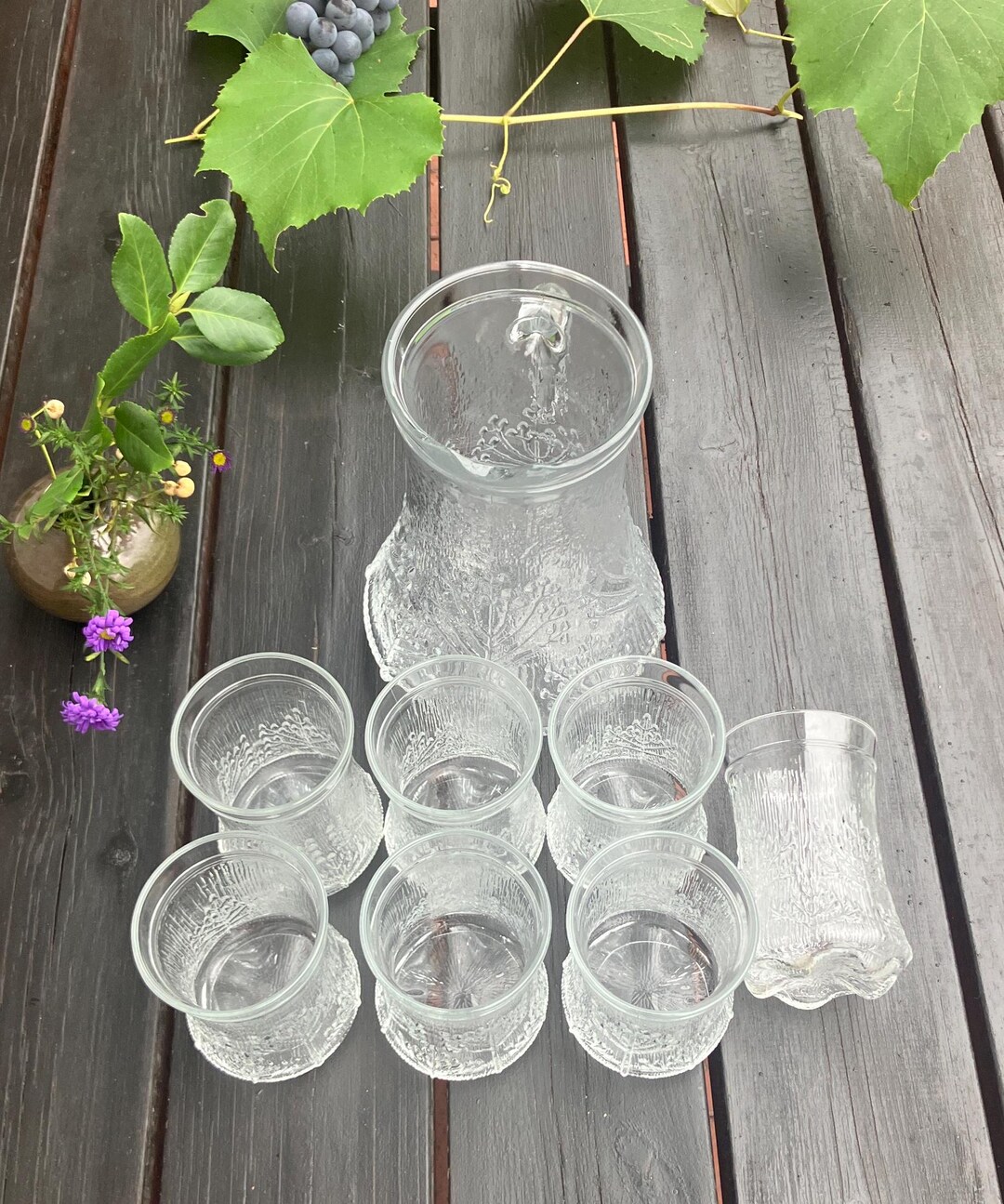 Vintage 1970s Finnish Glassware Set – Textured Glass Pitcher With 7 ...