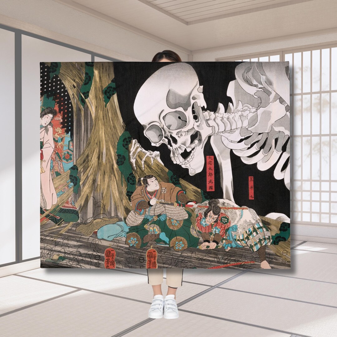 Japanese Vintage Skelton Art Print Throw Balnket, 50"x60", Ukiyo-e Art ...