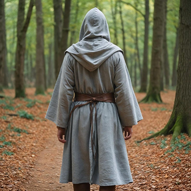 Medieval Hooded Men's Robe Rustic Gray Cloak With Brown Accents ...
