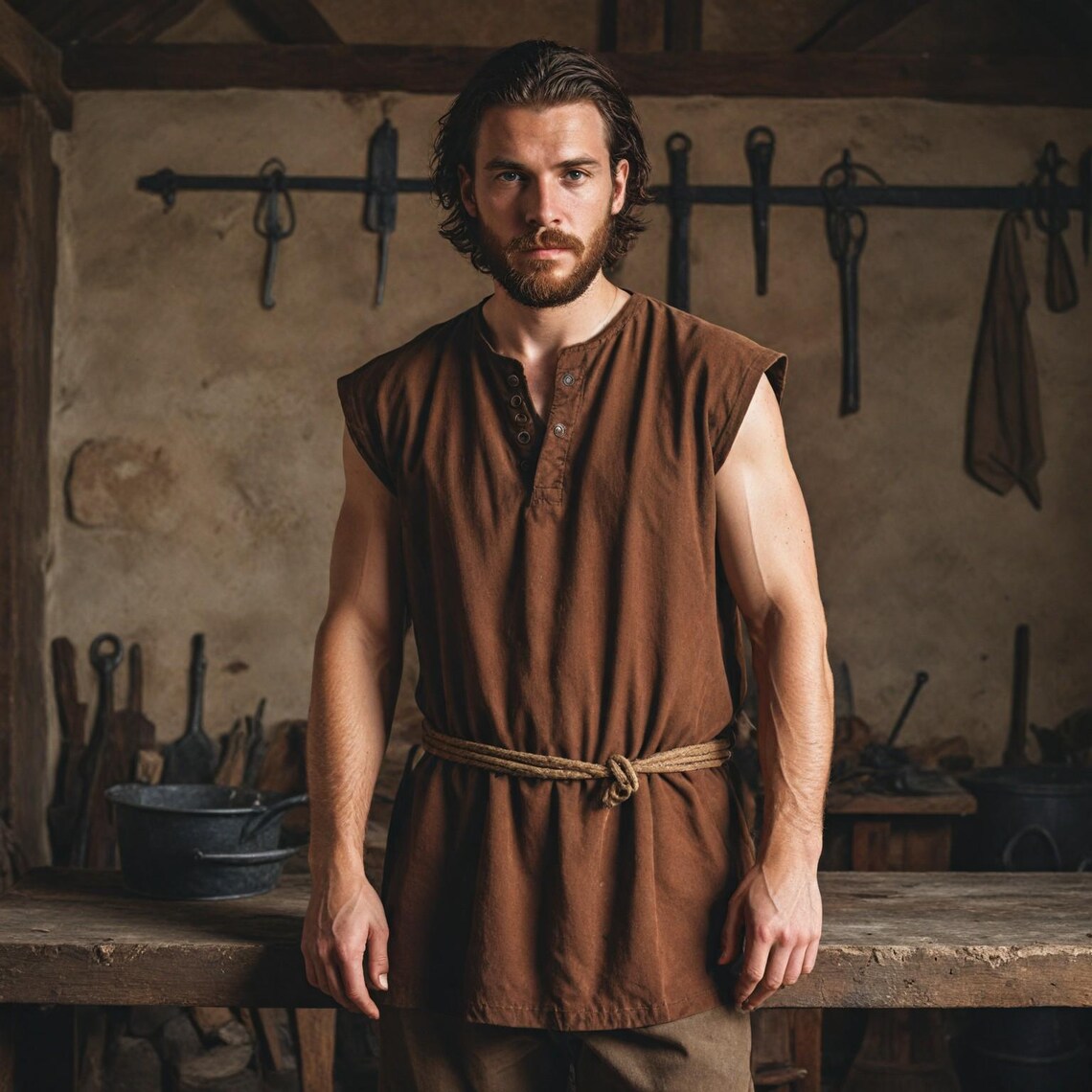 Men's Rustic Medieval Tunic | Sleeveless Brown Norse-inspired Costume ...
