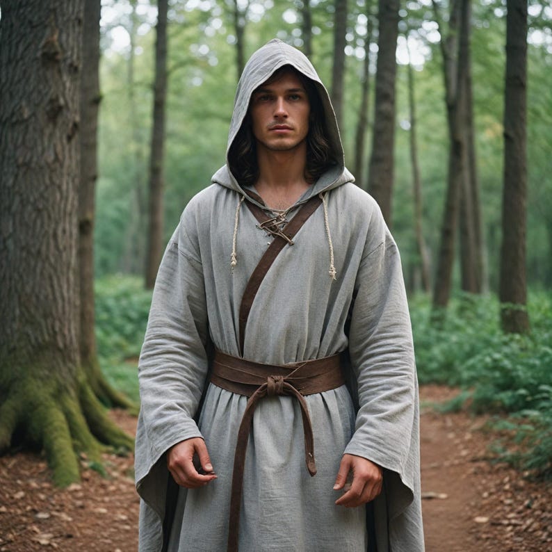 Medieval Hooded Men's Robe Rustic Gray Cloak With Brown Accents ...