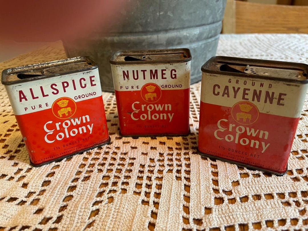 Allspice Nutmeg Cayenne Three Rustic Vintage Spice Cans by Crown Colony ...