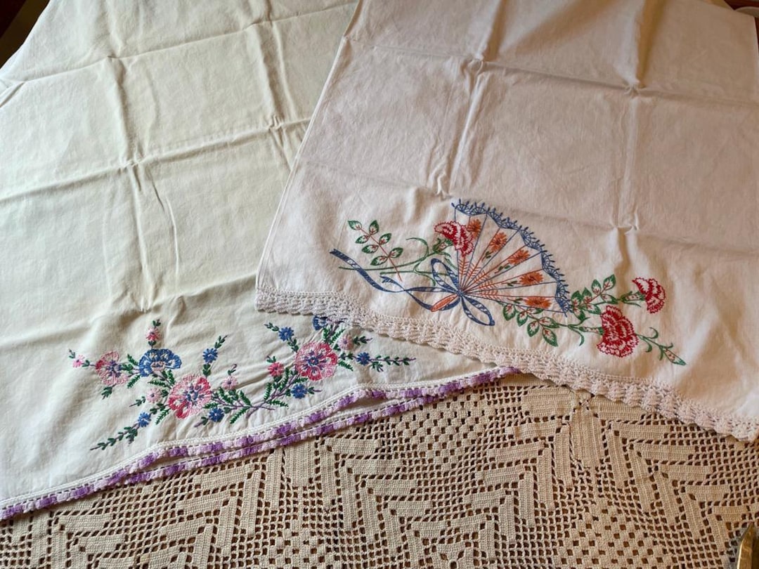 Two Beautiful Vintage Embroidered Pillowcases Floral and a Fan - Etsy