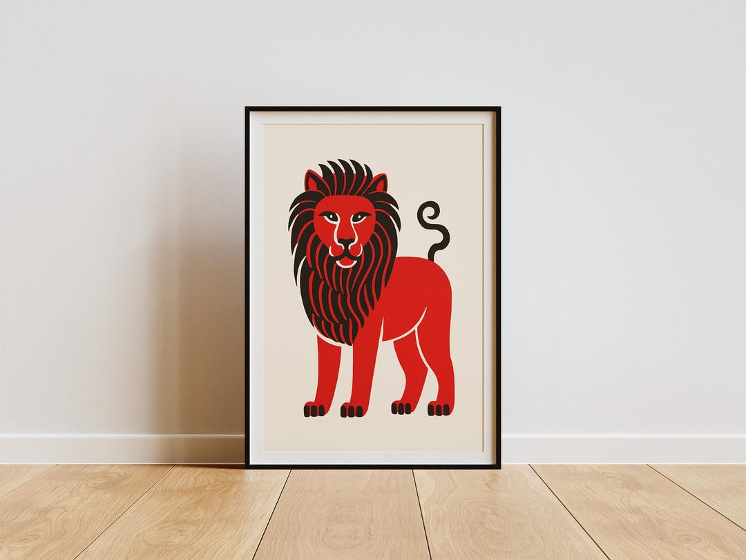 Red and Black Lion Linocut Minimalist Art - Digital Wall Art Gift for ...