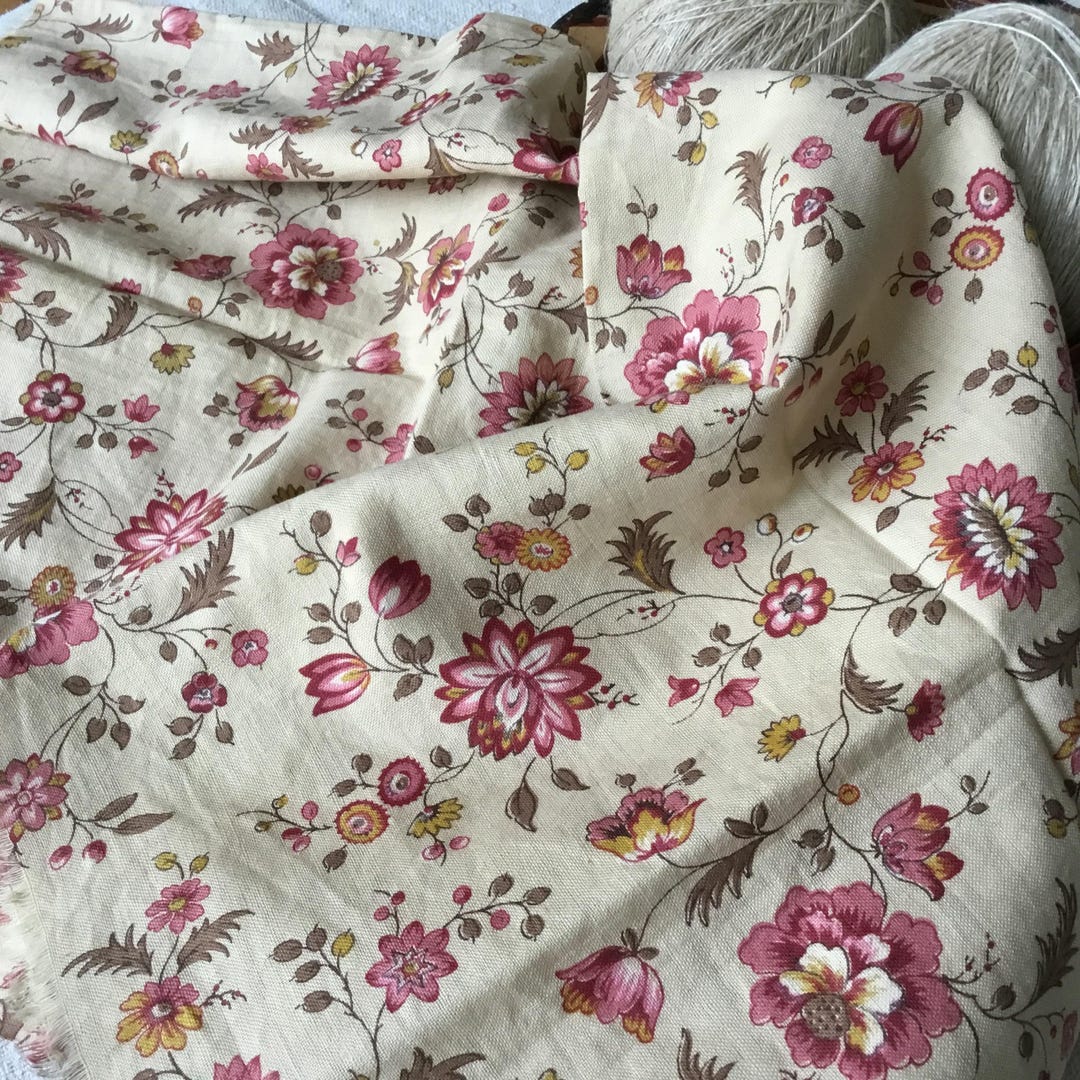 Panel of Vintage French Floral Fabric Cafe Au Lait With Pink Flowers ...