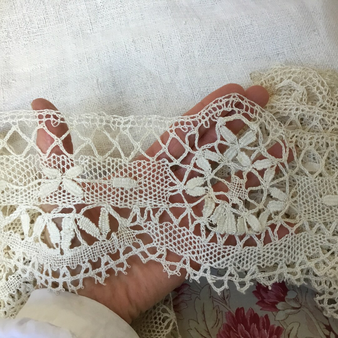 3m50cm Antique French Deep Linen Lace Trimming Handmade Border Floral ...