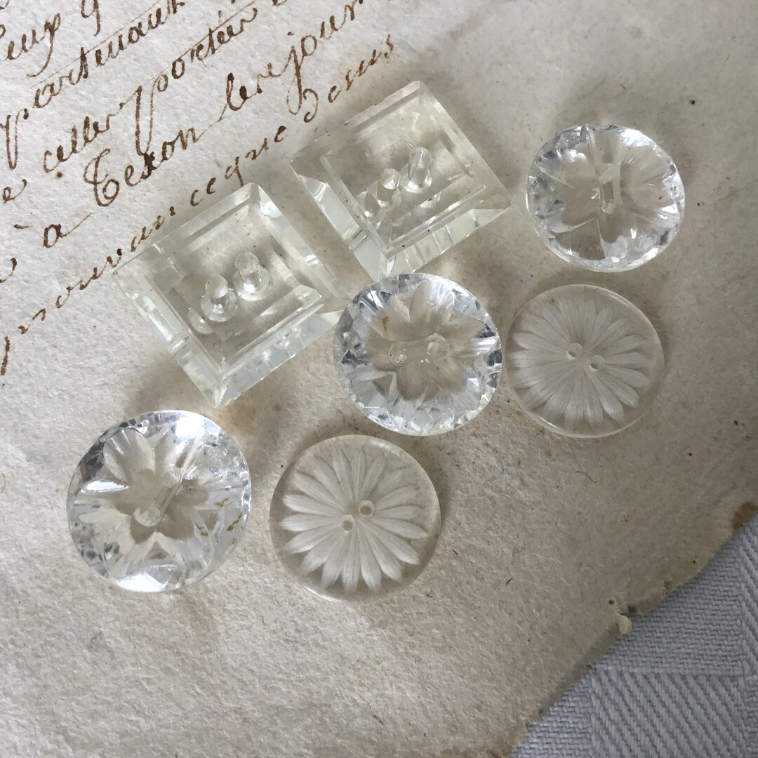 7 Antique Buttons French Haberdashery 5 Cut Glass 2 Lucite Sewing ...