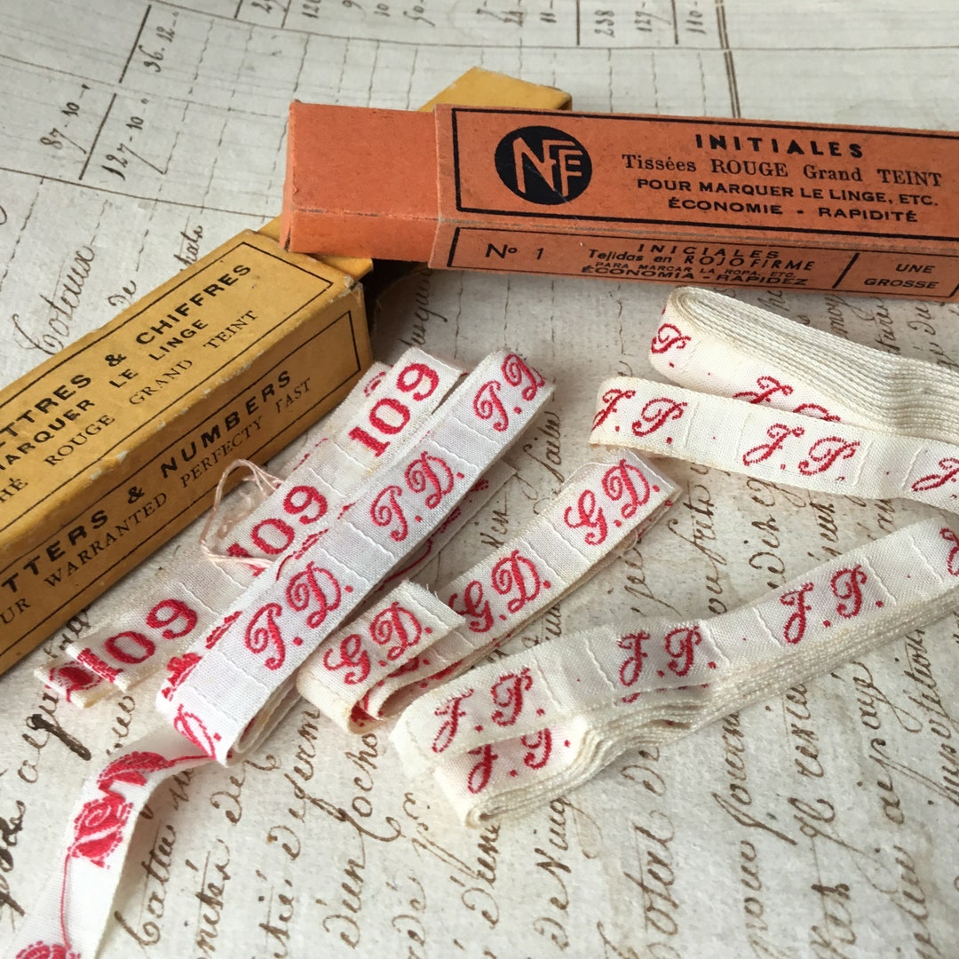 2 Boxes Vintage French Embroidered Tape Trims Laundry Labels Monogram ...
