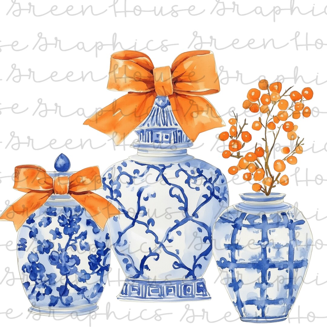 Blue & Orange Chinoiserie Ginger Jars PNG | Fall Decor (digital ...