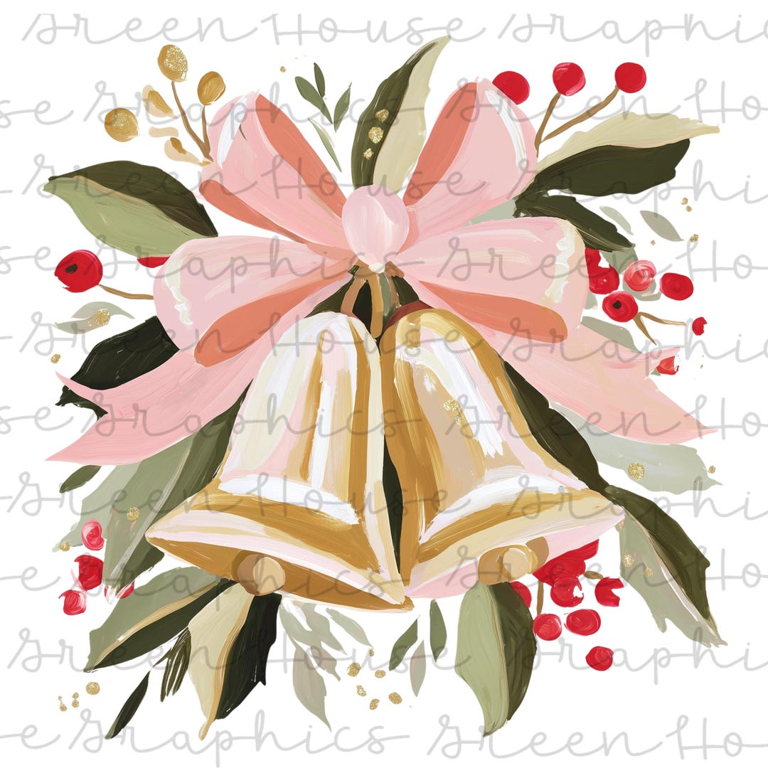 Christmas Bells PNG | Watercolor Bells and Pink Bow (digital Download ...