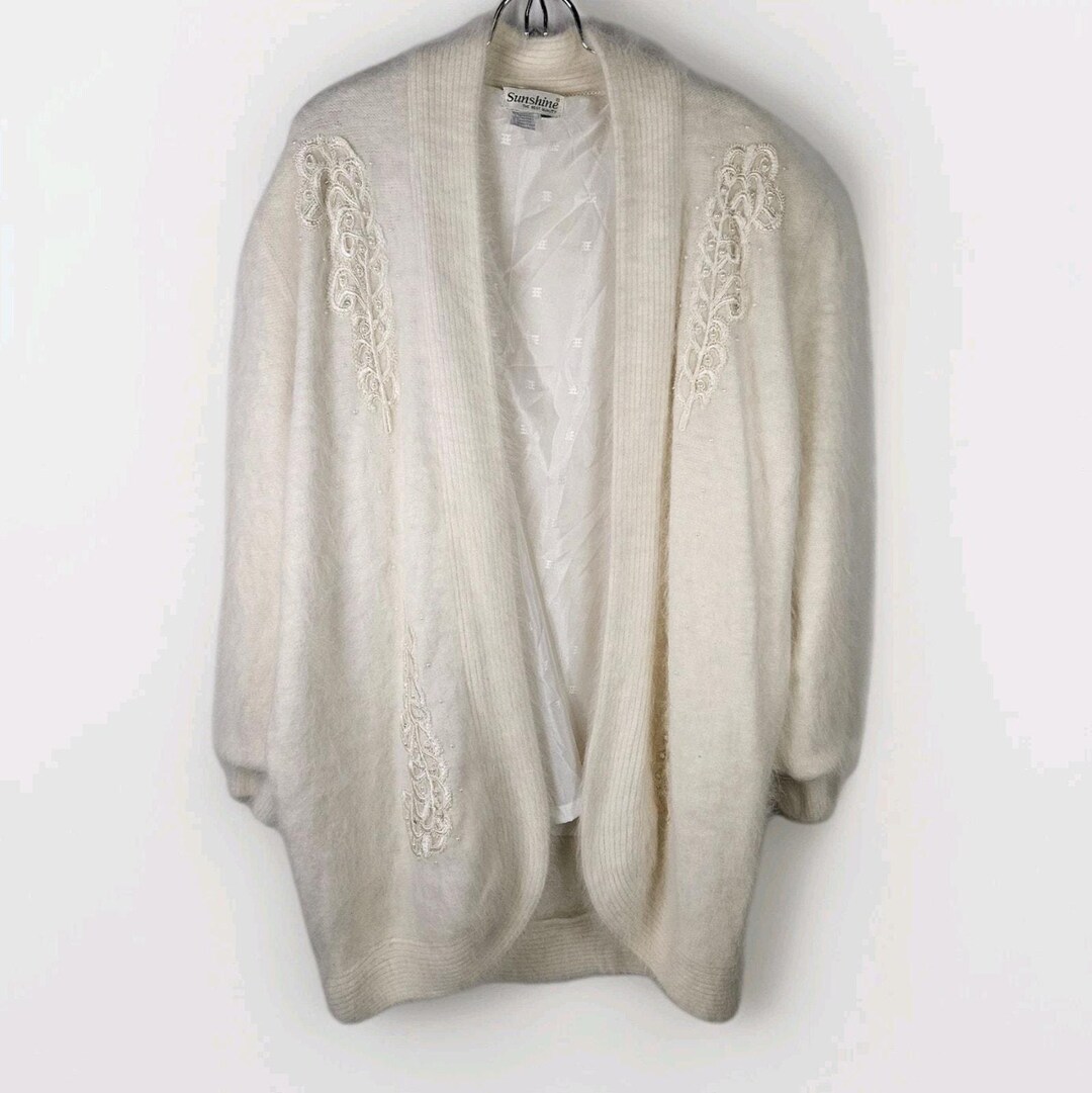 Vintage 80's Angora Rabbit Coat Floral Beaded Cardigan Large Soft ...