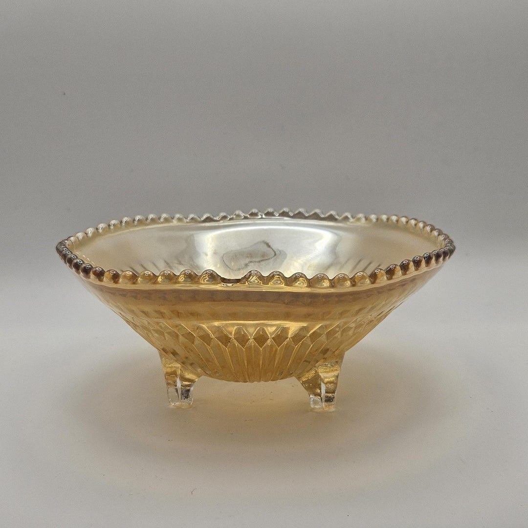Vtg Carnival Glass Candy Dish Amber Three Footed Beaded Rim Diamond ...