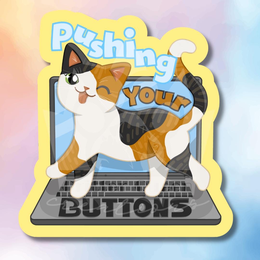 Button Pusher Cat Vinyl Waterproof Cute Sticker - Etsy