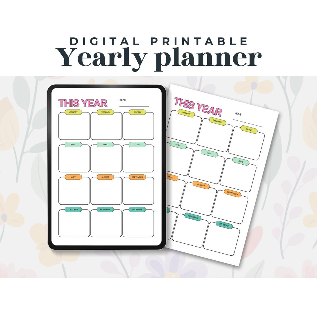 Yearly Planner, Printable Yearly Overview on One Page, Year at a Glance ...
