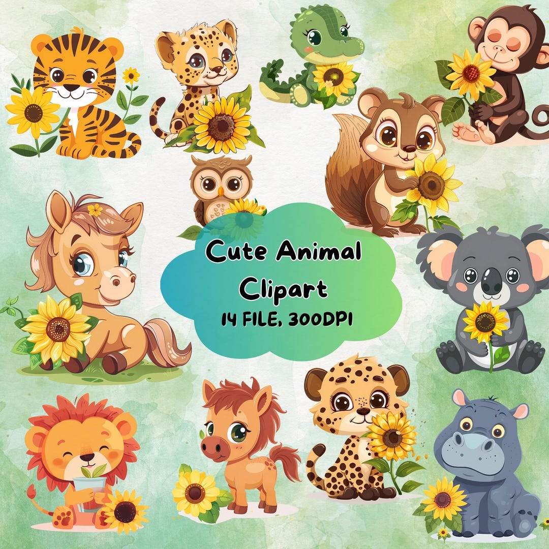 Cute Jungle Animals Clipart, Safari Baby Animal PNG, Watercolor Animal ...