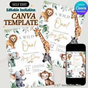 Wild One First Birthday Invitation Template Editable Canva, Jungle 1st ...