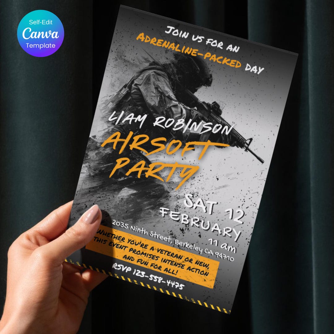 Airsoft Party Birthday Invitation Template, Editable Canva Invitation ...