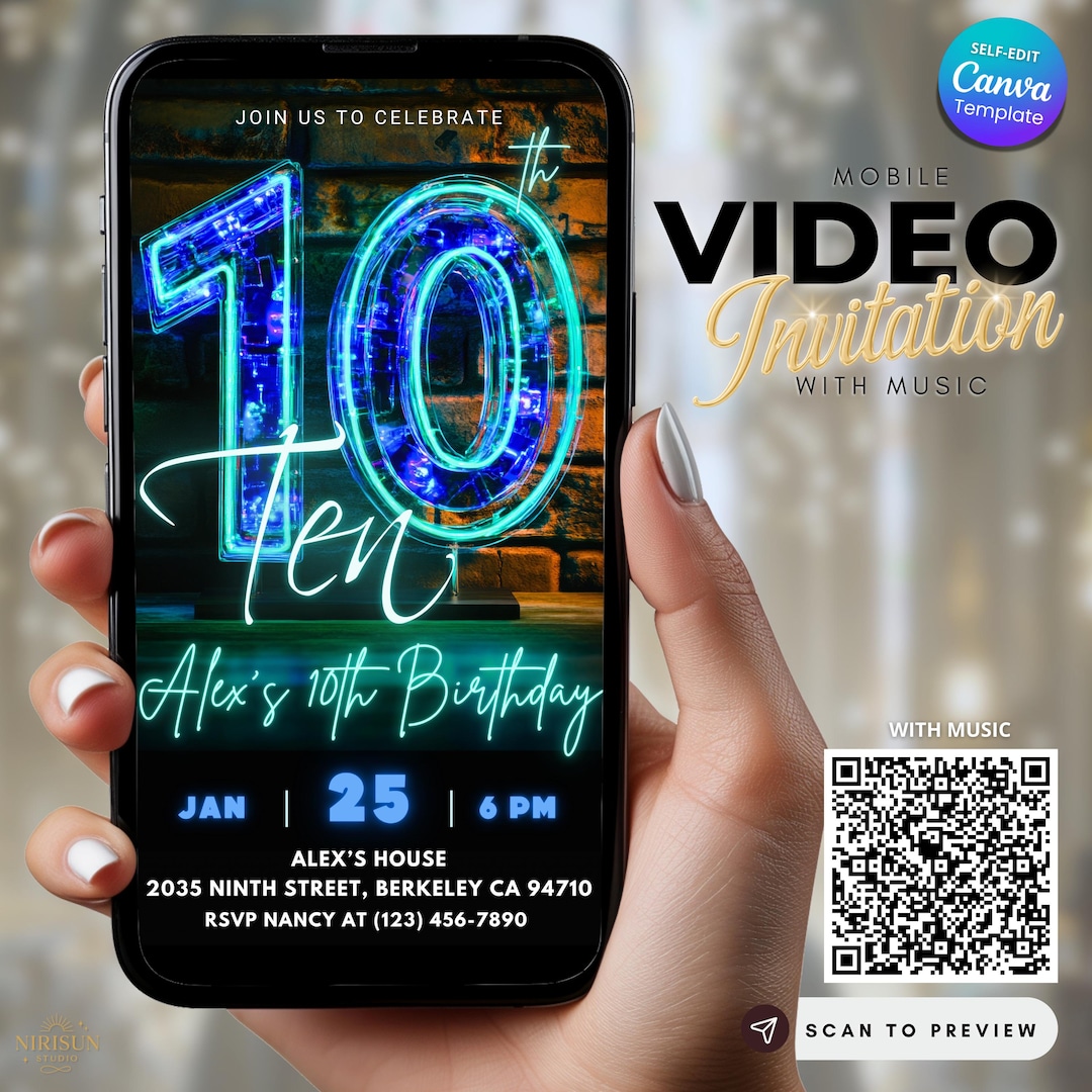 10th Birthday Invitation: Neon Tenth Birthday Theme for Boys (editable ...