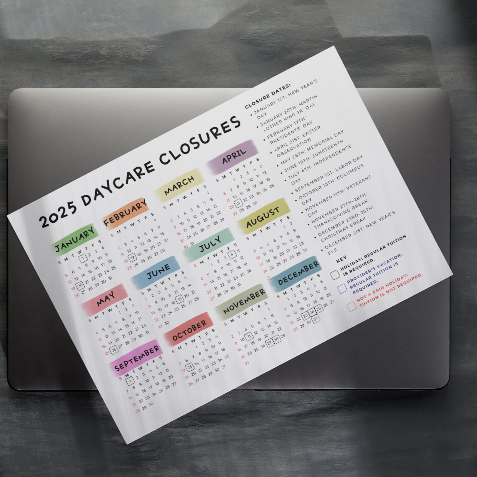 Editable 2025 Daycare Closure Calendar Template, Printable Canva ...