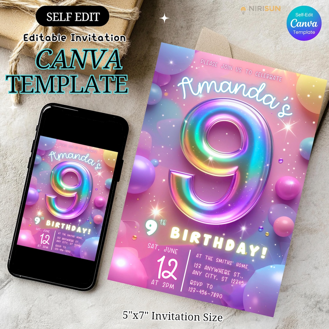 9th Birthday Invitation – Pink Rainbow Glitter Party for Girls ...