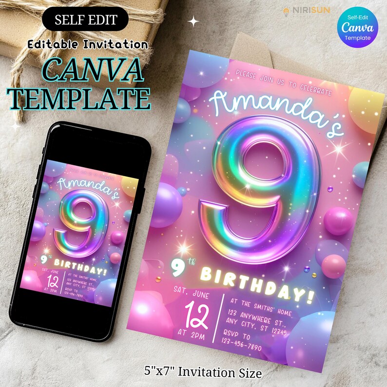 9th Birthday Invitation – Pink Rainbow Glitter Party for Girls ...