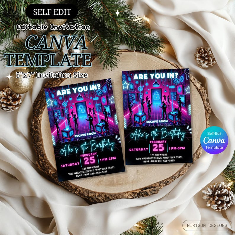 Escape Room Birthday Invitation, Neon Mystery Party Invite, Editable ...