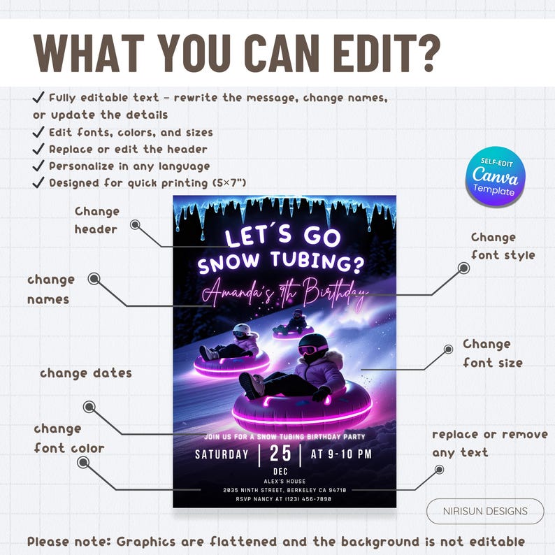 Snow Tubing Birthday Invitation: Winter Party for Girls (editable Canva ...