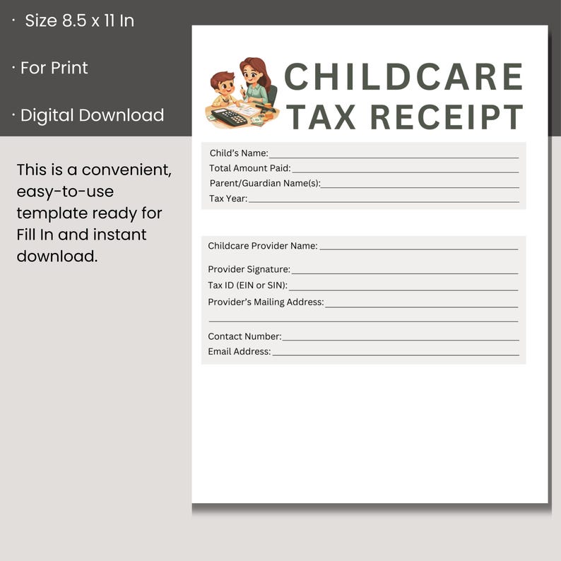 Printable Childcare Tax Receipt, Editable Childcare Daycare Forms PDF ...