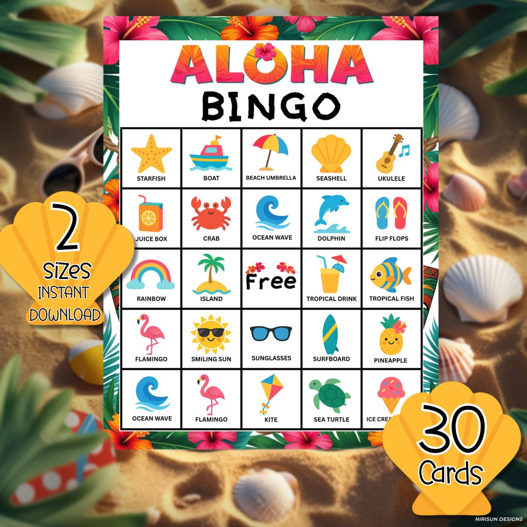 Aloha Summer Bingo Game for Kids, 30 Tropical Bingo Cards, Beach Luau ...
