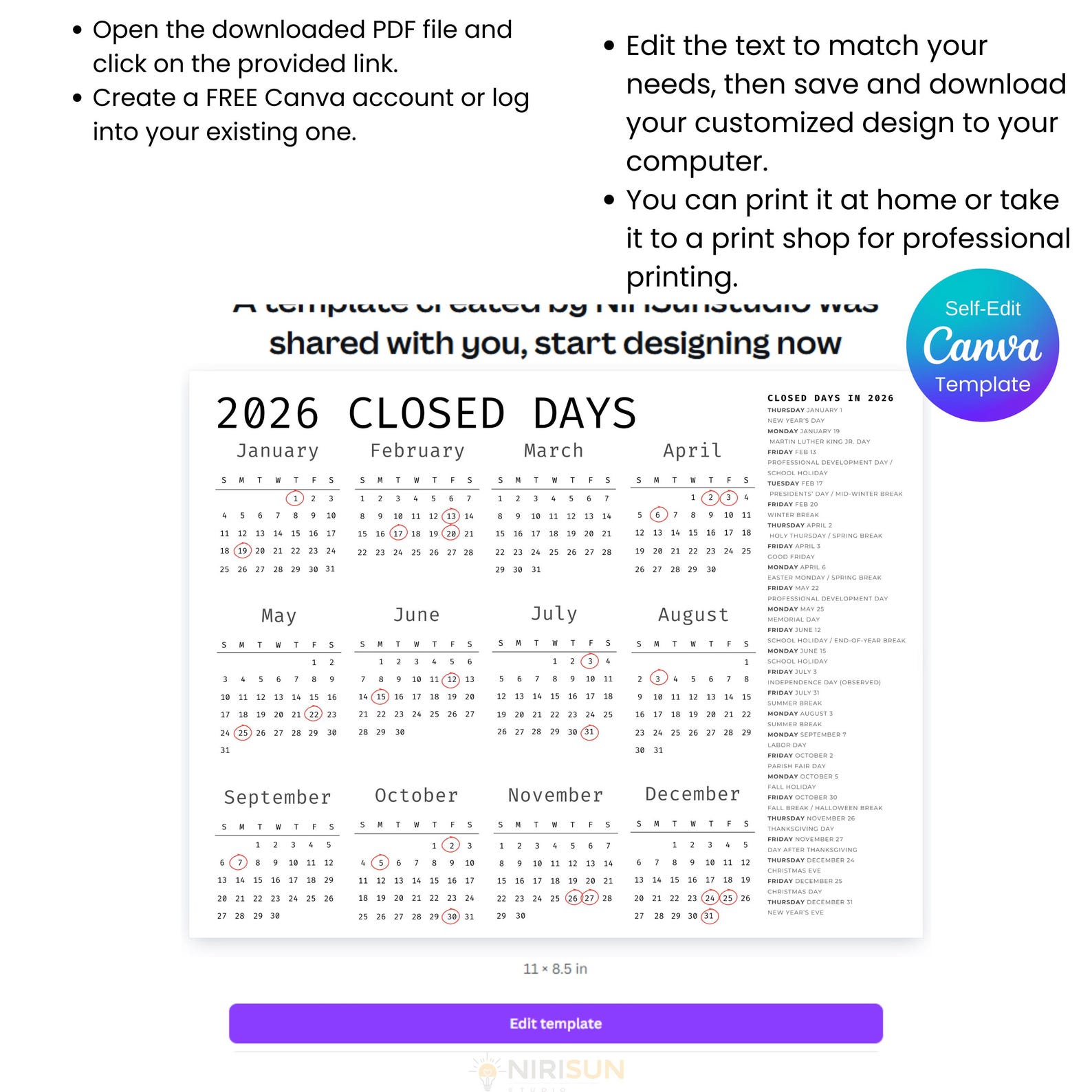 2026 Daycare Closed Days Calendar, Preschool Childcare Holiday Schedule ...
