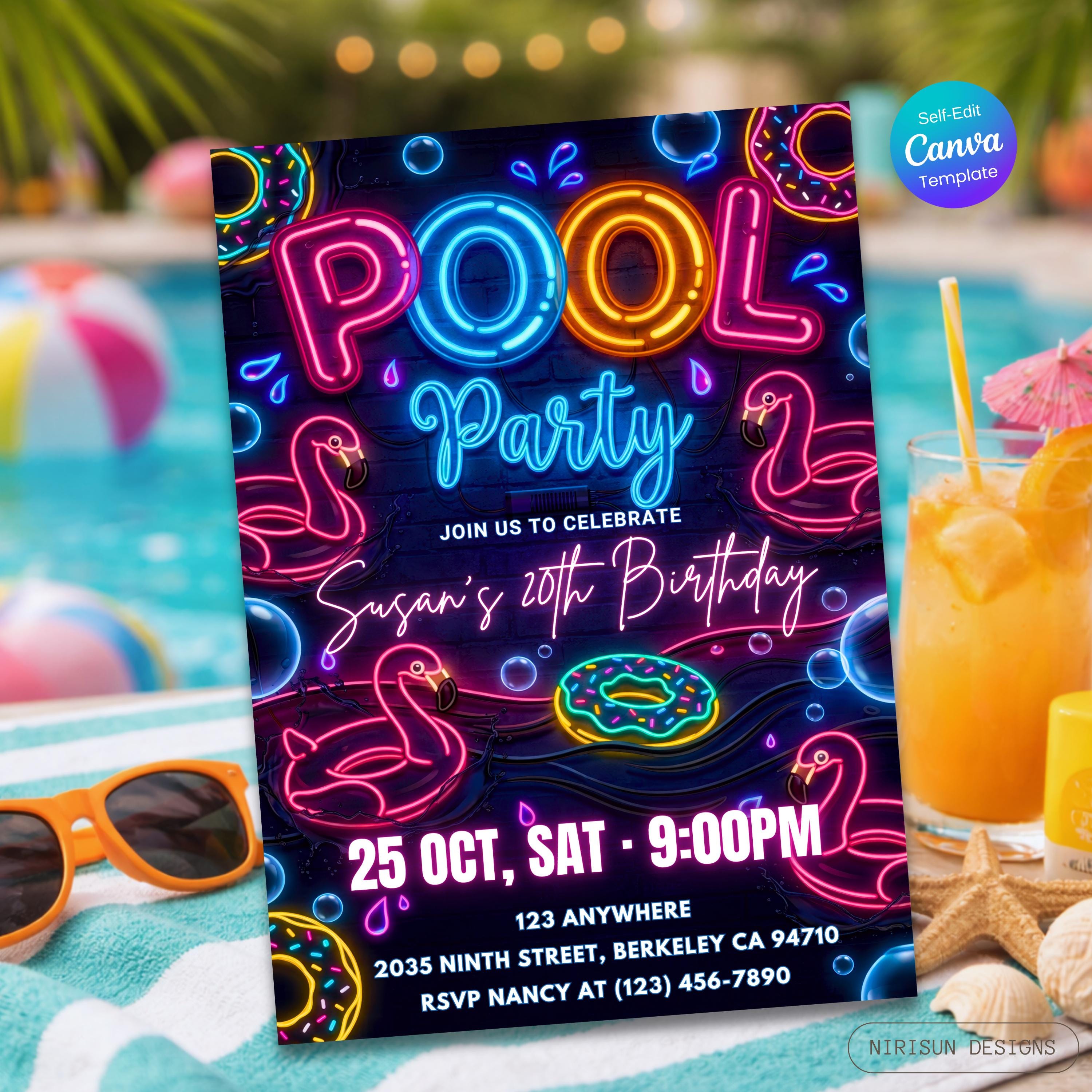 Neon Pool Party Birthday Invitation , Glow Pool Party Invitation ...