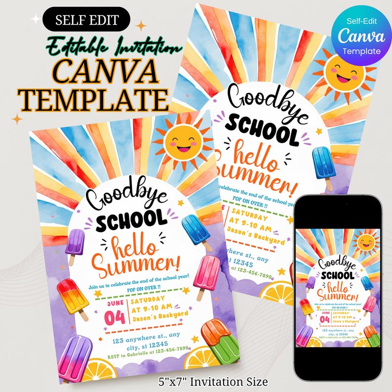 Popsicle End of School Party Invitation Template Editable Canva ...