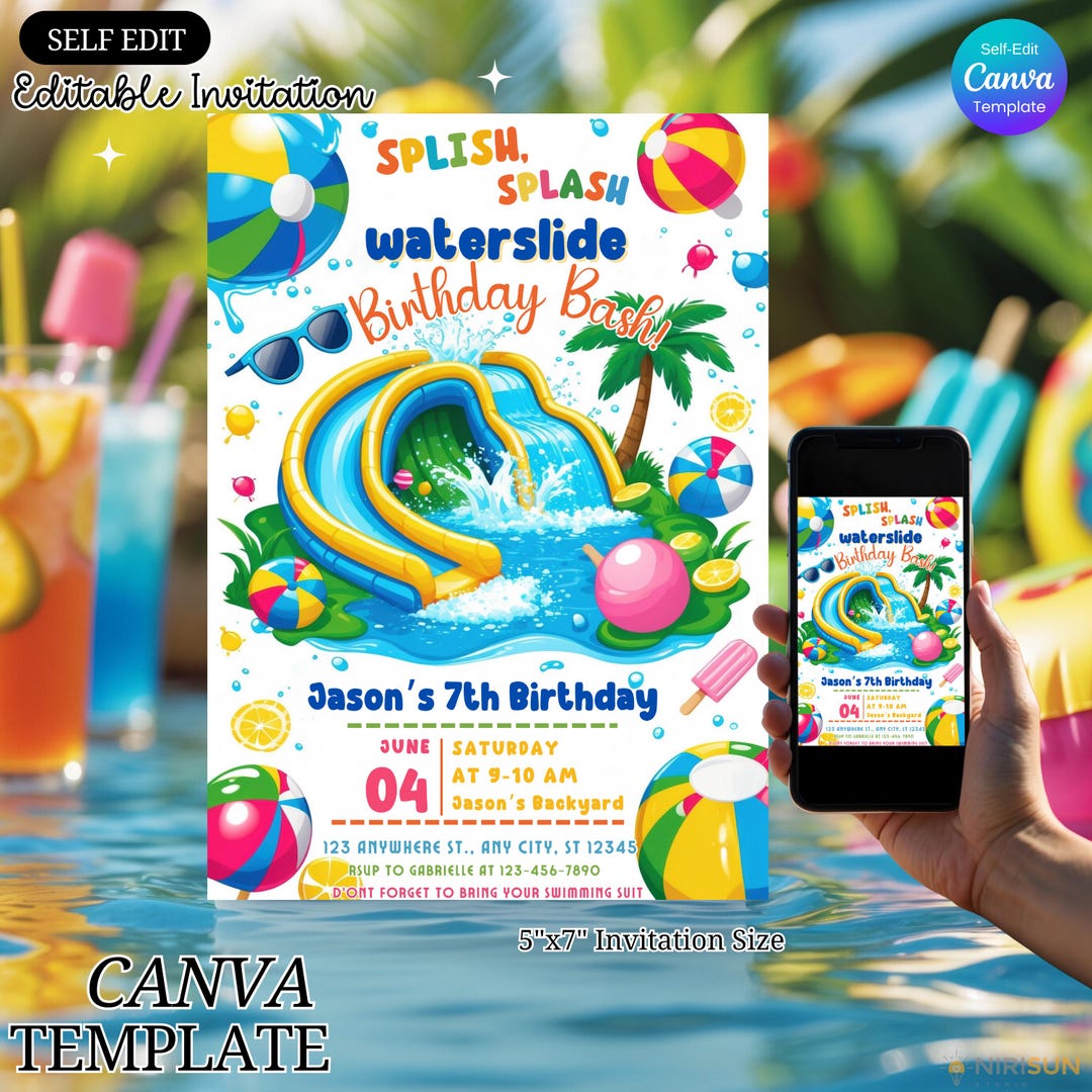 Waterslide Birthday Invitation Template Editable in Canva, Water Slide ...