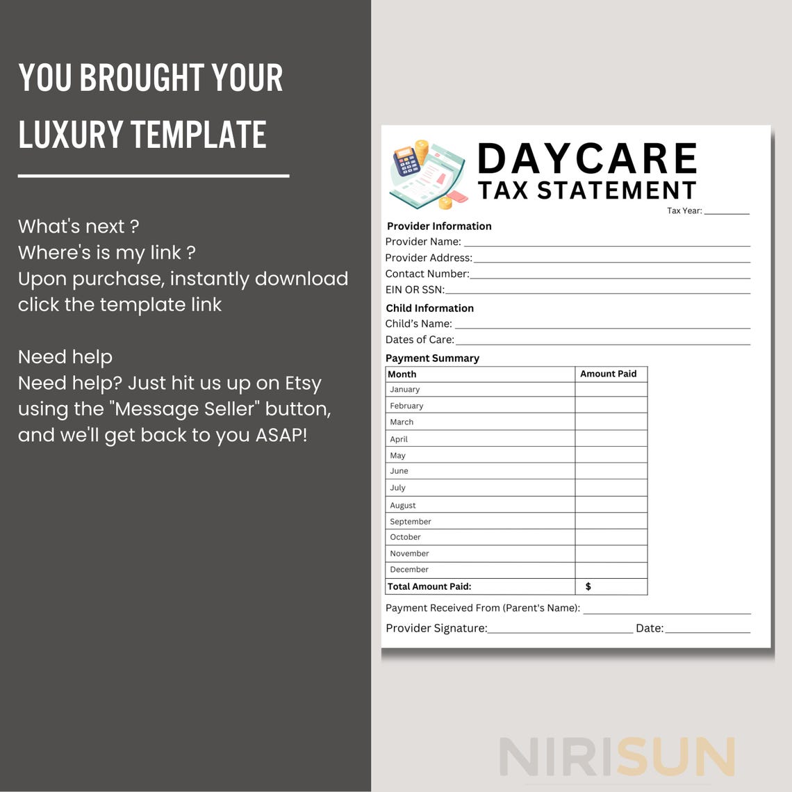 Daycare Tax Statement Template: Printable Childcare Payment Record Form ...