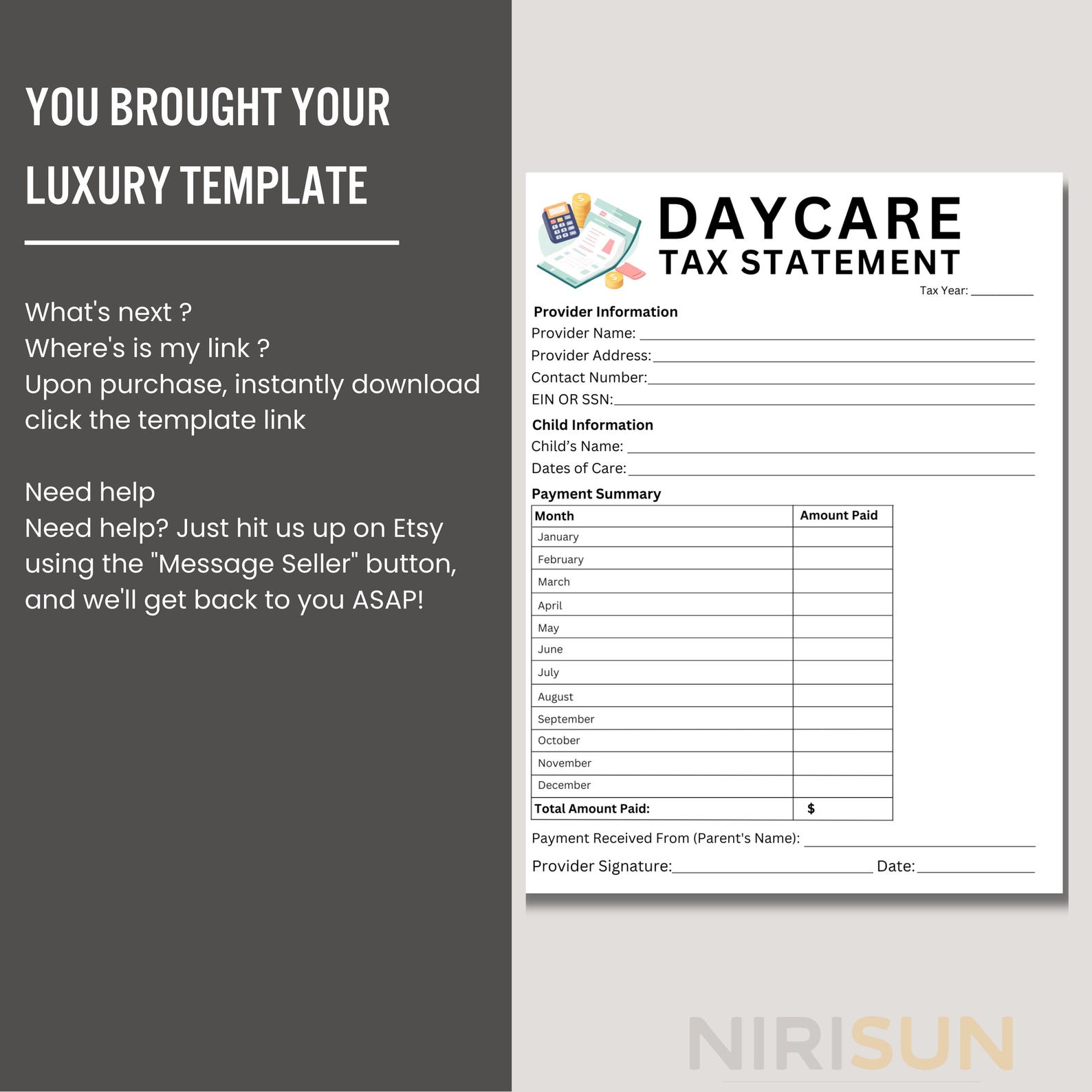 Daycare Tax Statement Template: Printable Childcare Payment Record Form ...