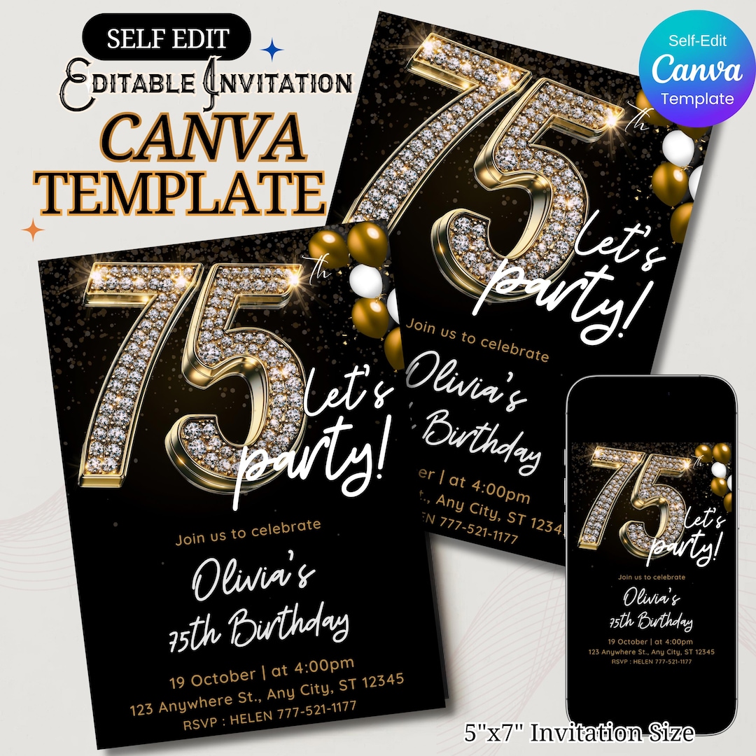 75th Birthday Invitation – Elegant Black & Gold Balloon Design ...