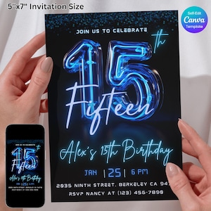 15th Birthday Invitation – Neon Blue Glow Party, Editable Canva Template, Boys Digital Birthday ...