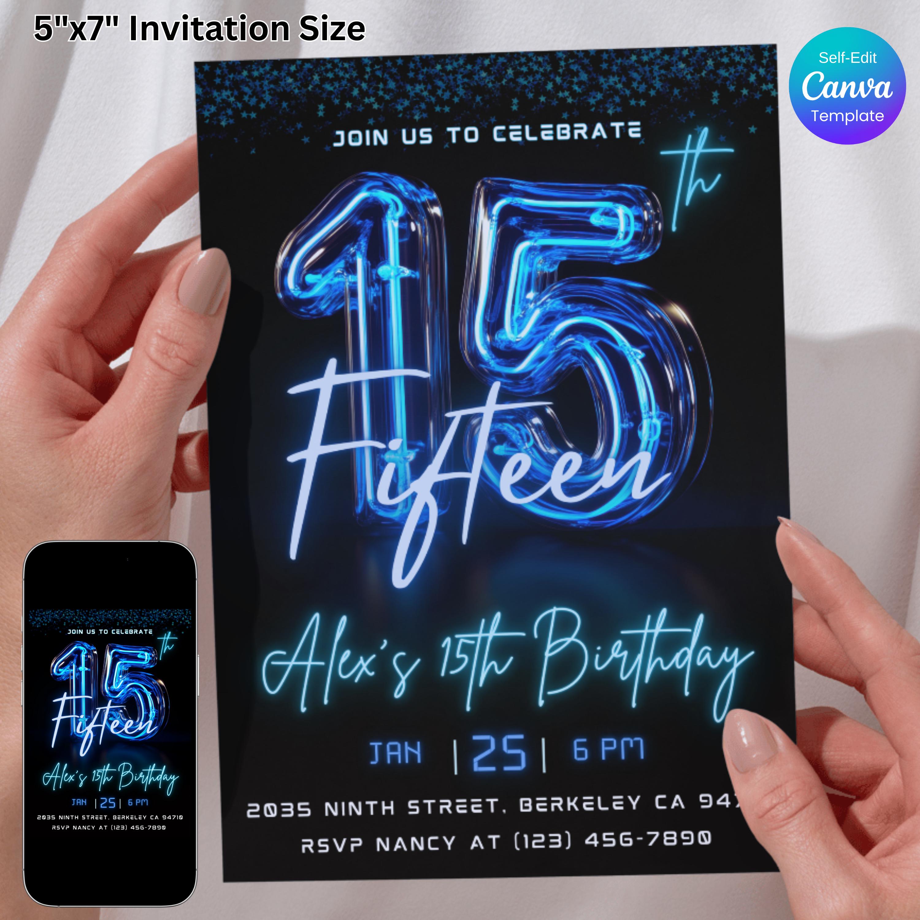 Neon Blue 15th Birthday Invitation Template, Editable Canva, Boys 15th ...