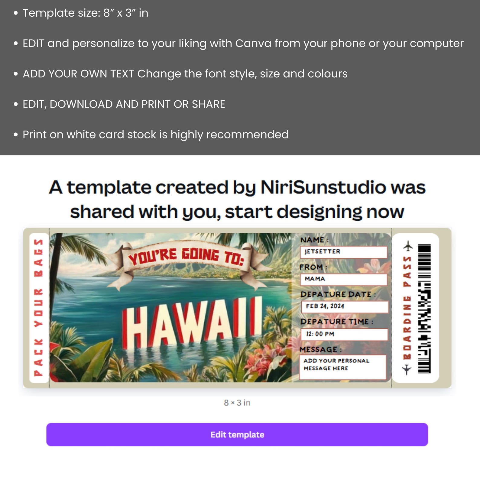 Hawaii Surprise Trip Ticket, Tropical Boarding Pass Invitation Template ...