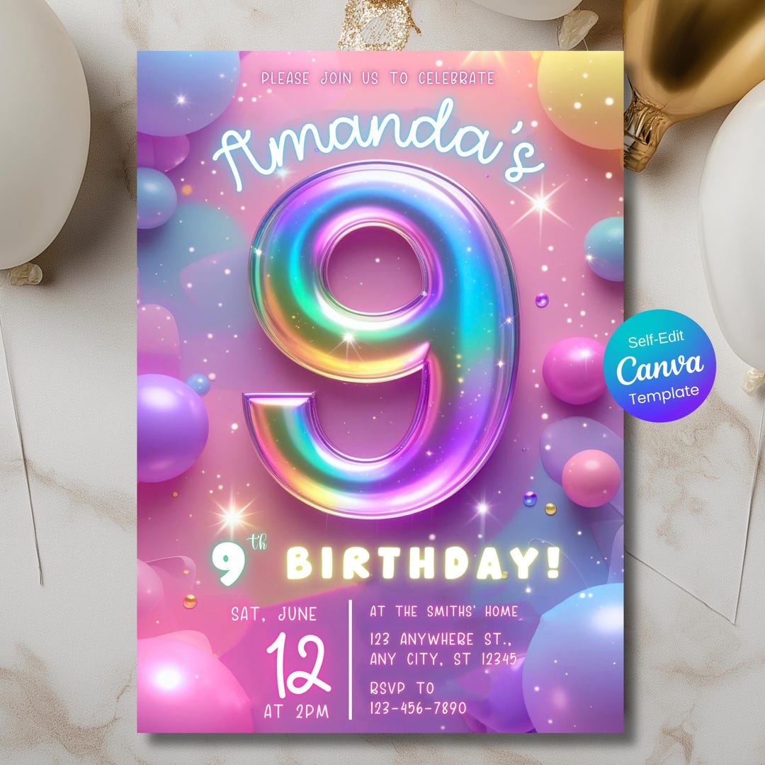 9th Birthday Invitation – Pink Rainbow Glitter Party for Girls ...
