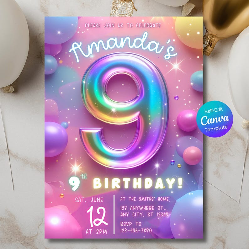 9th Birthday Invitation – Pink Rainbow Glitter Party for Girls ...