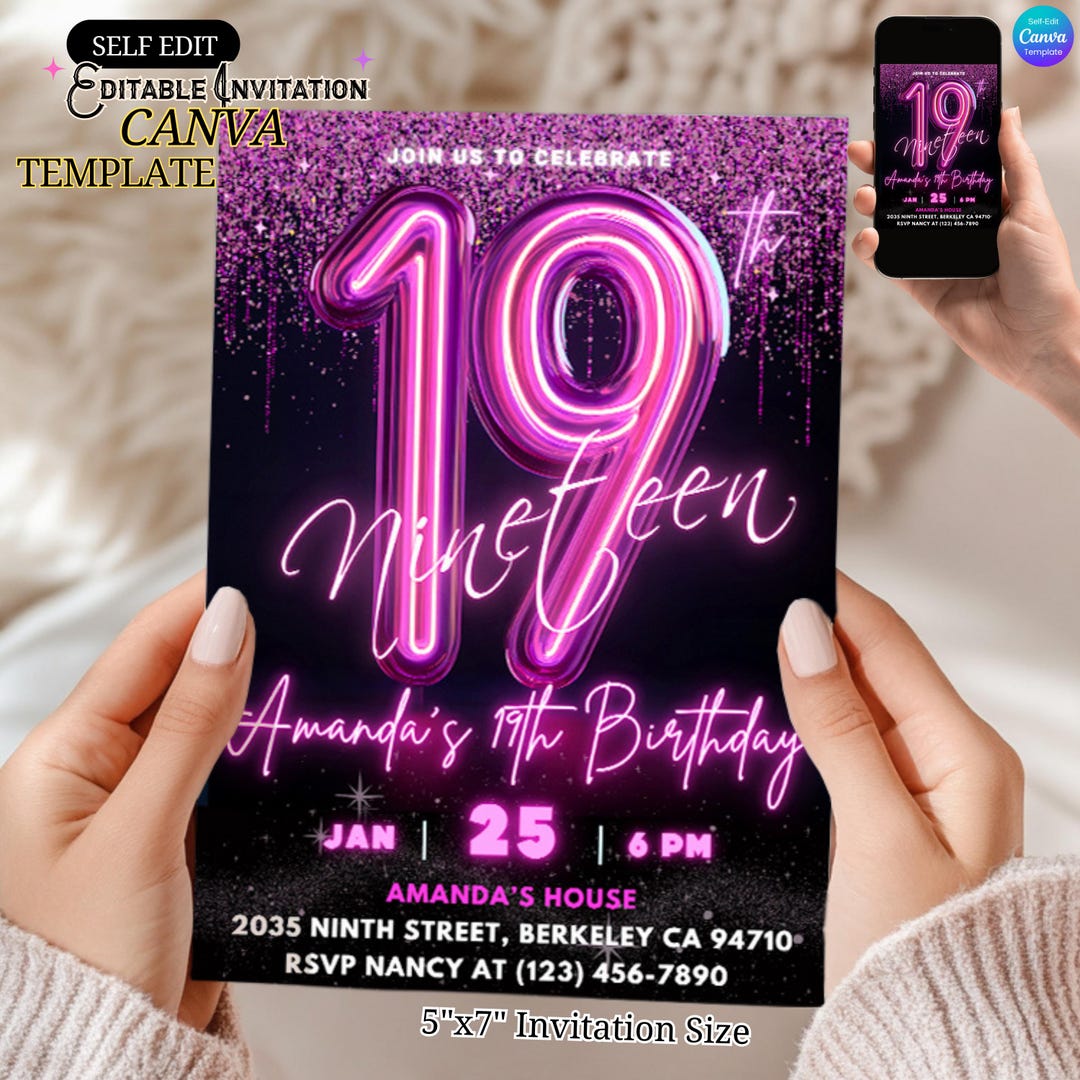 19th Birthday Invitation – Neon Pink Glow Party for Her, Editable Canva Template, Digital ...