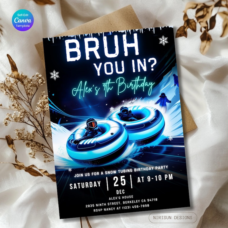 Snow Tubing Birthday Invitation: Winter Party for Kids (editable Canva ...