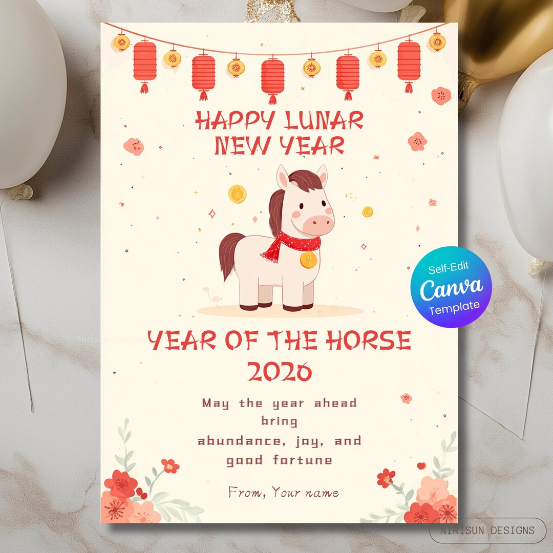 Lunar New Year Gift Tag Template, Year of the Horse 2026 Card, Editable ...