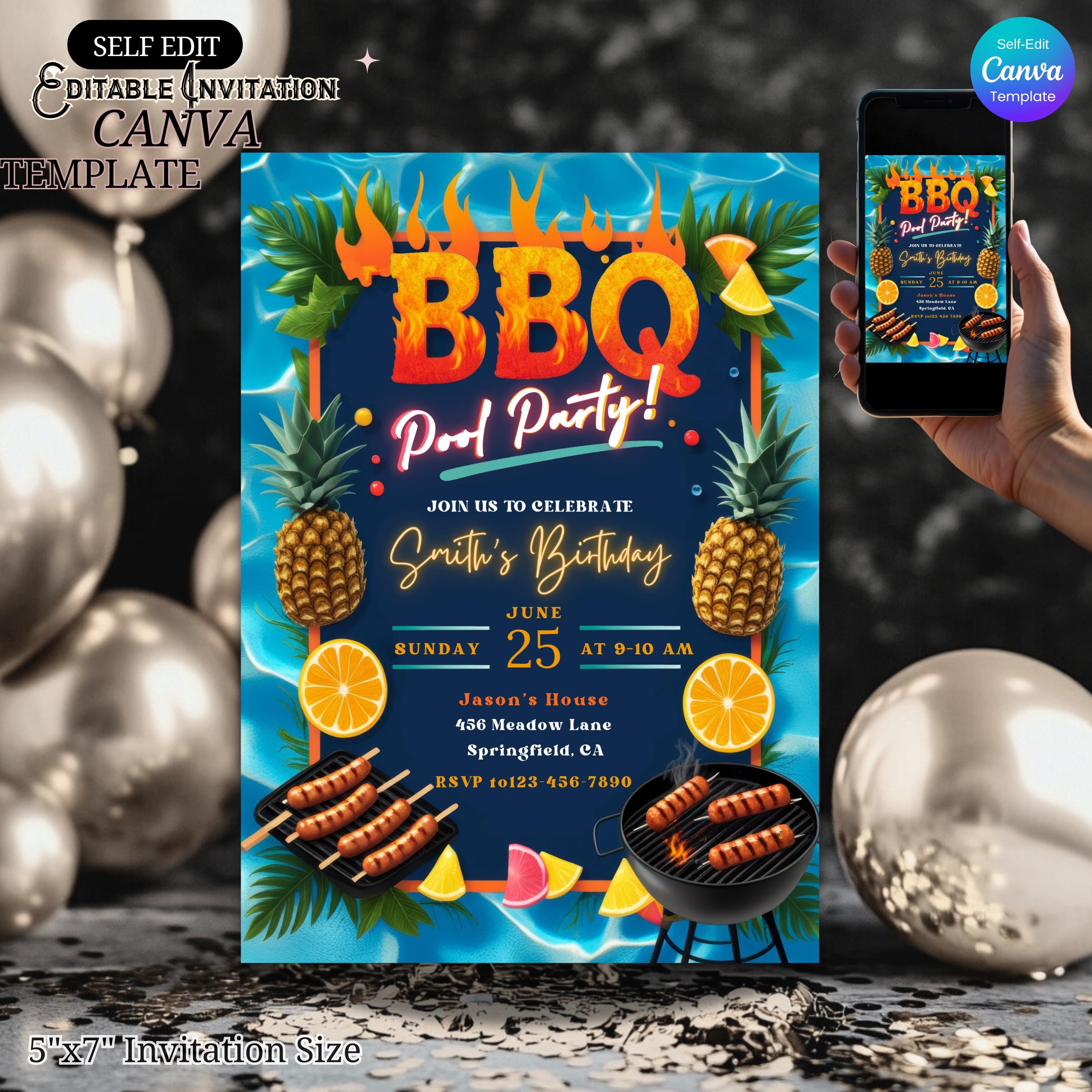 BBQ Pool Party Invitation, Summer Birthday BBQ Editable Canva Template ...