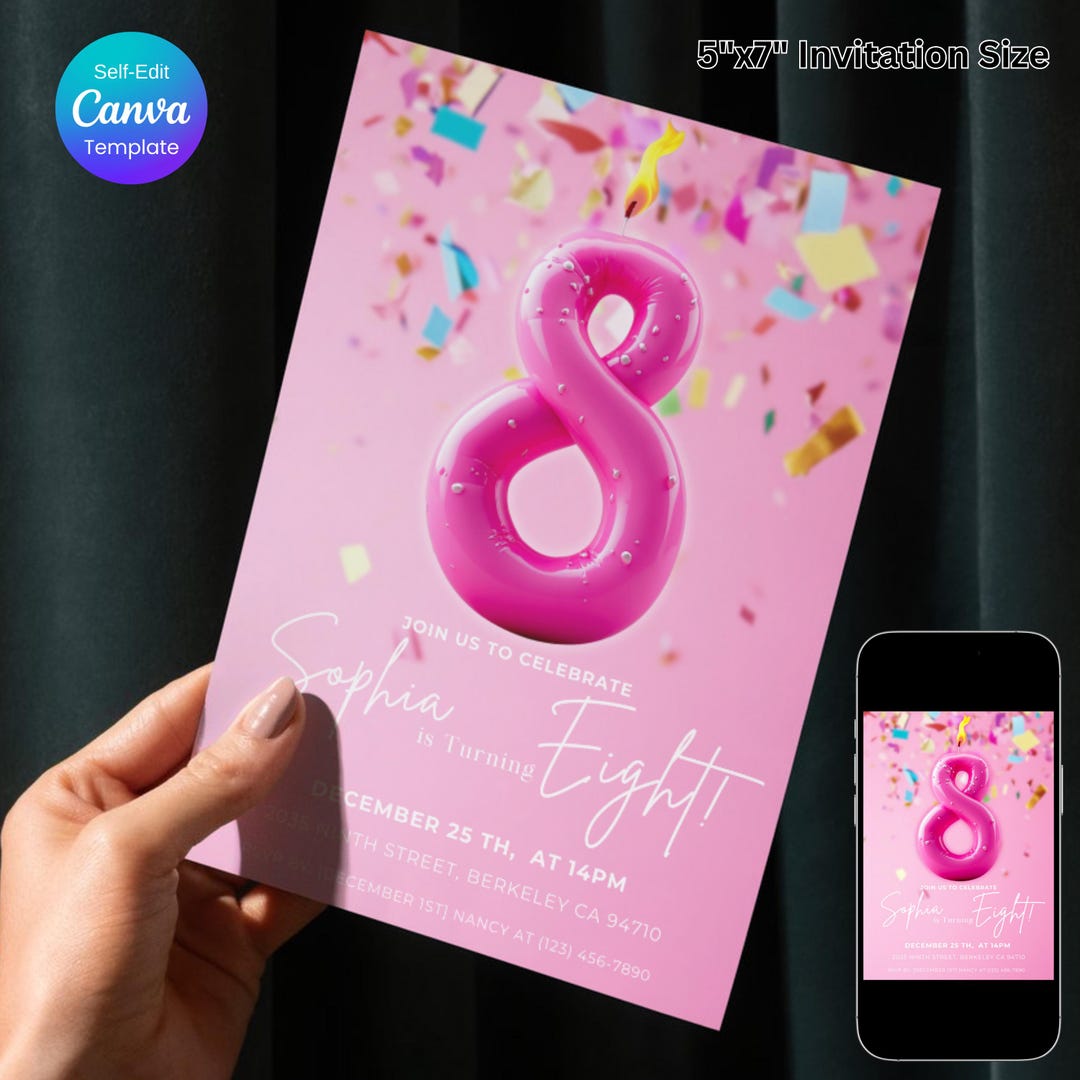 Editable Pink 8th Birthday Invitation Template, Pink Balloon Candle ...