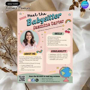 Babysitter Flyer Template, Editable Canva Childcare Resume, Printable ...