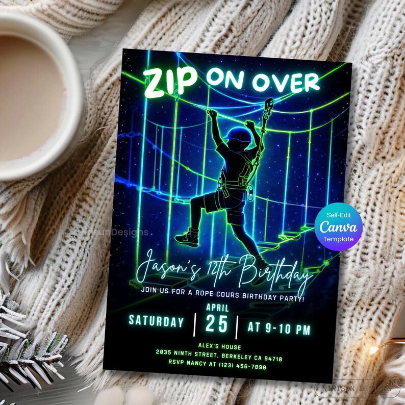 Zipline Rope Course Outdoor Birthday Invitation, Adventure Neon Glow ...